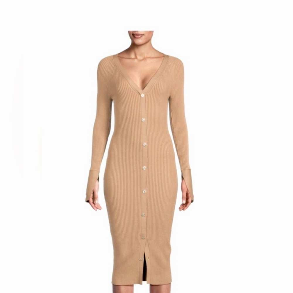 Reiss Camel Ribbed Bodycon Silhouette Sweater Dress - Gem